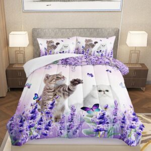 ailonen cat comforter set queen size, 3d cute cat with butterfly bedding set for kids girls,watercolor purple flowers bed in a bag,kawaii animal duvet set,3 pcs,1 quilt and 2 pillowcases