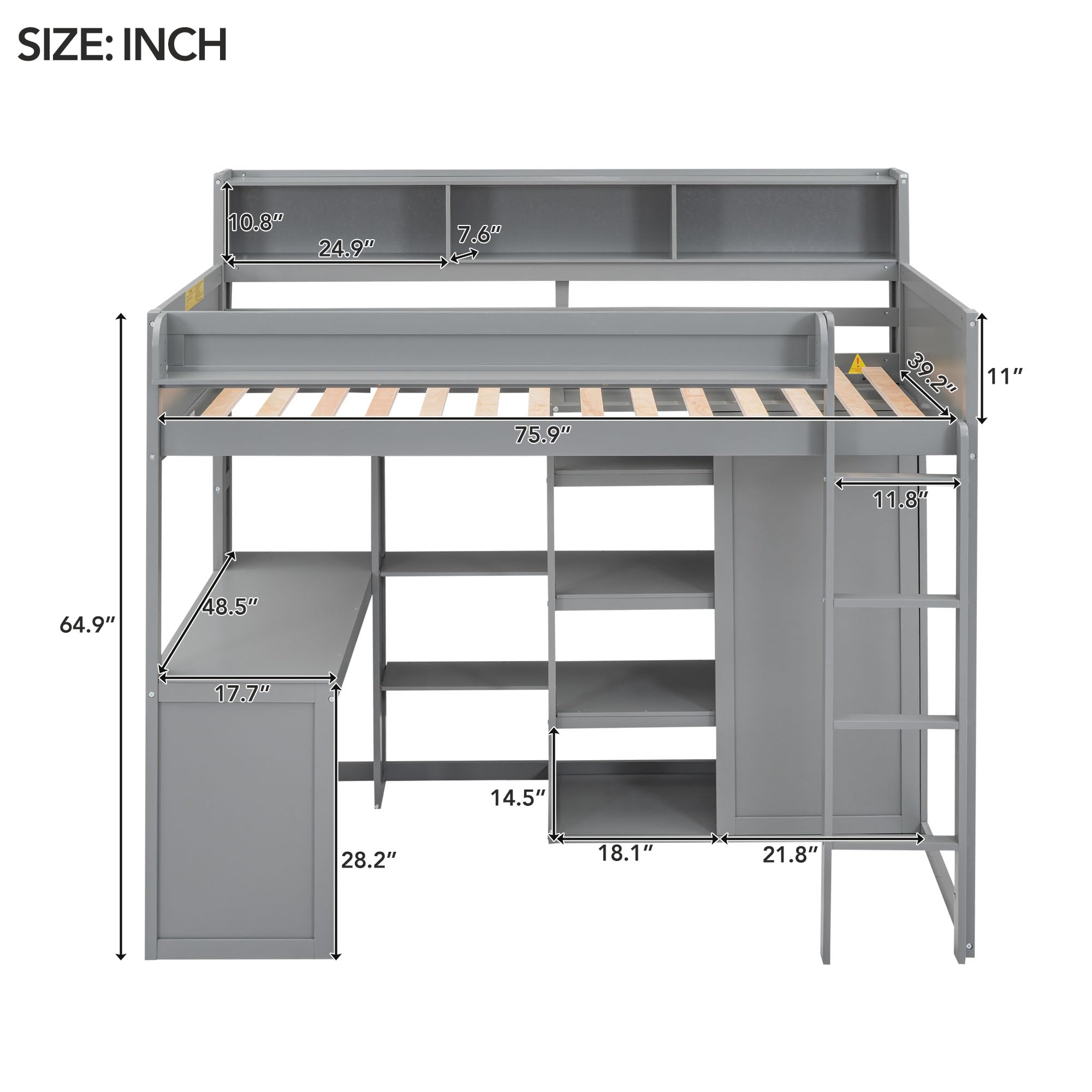 Twin Loft Bed with Storage Shelves and Under-Bed Desk, Wooden Bed Frames with Wardrobe and 3 Cabinets, Gray