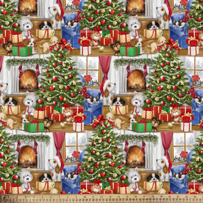 Pets On Christmas Morning Digital Print Cotton Fabric by The Yard