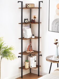 freexployer corner shelf stand, 5 tier industrial corner bookshelf, tall corner plant shelf with metal frame, multipurpose display corner shelves for small space, office, bedroom, brown