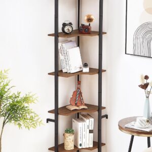 Freexployer Corner Shelf Stand, 5 Tier Industrial Corner Bookshelf, Tall Corner Plant Shelf with Metal Frame, Multipurpose Display Corner Shelves for Small Space, Office, Bedroom, Brown