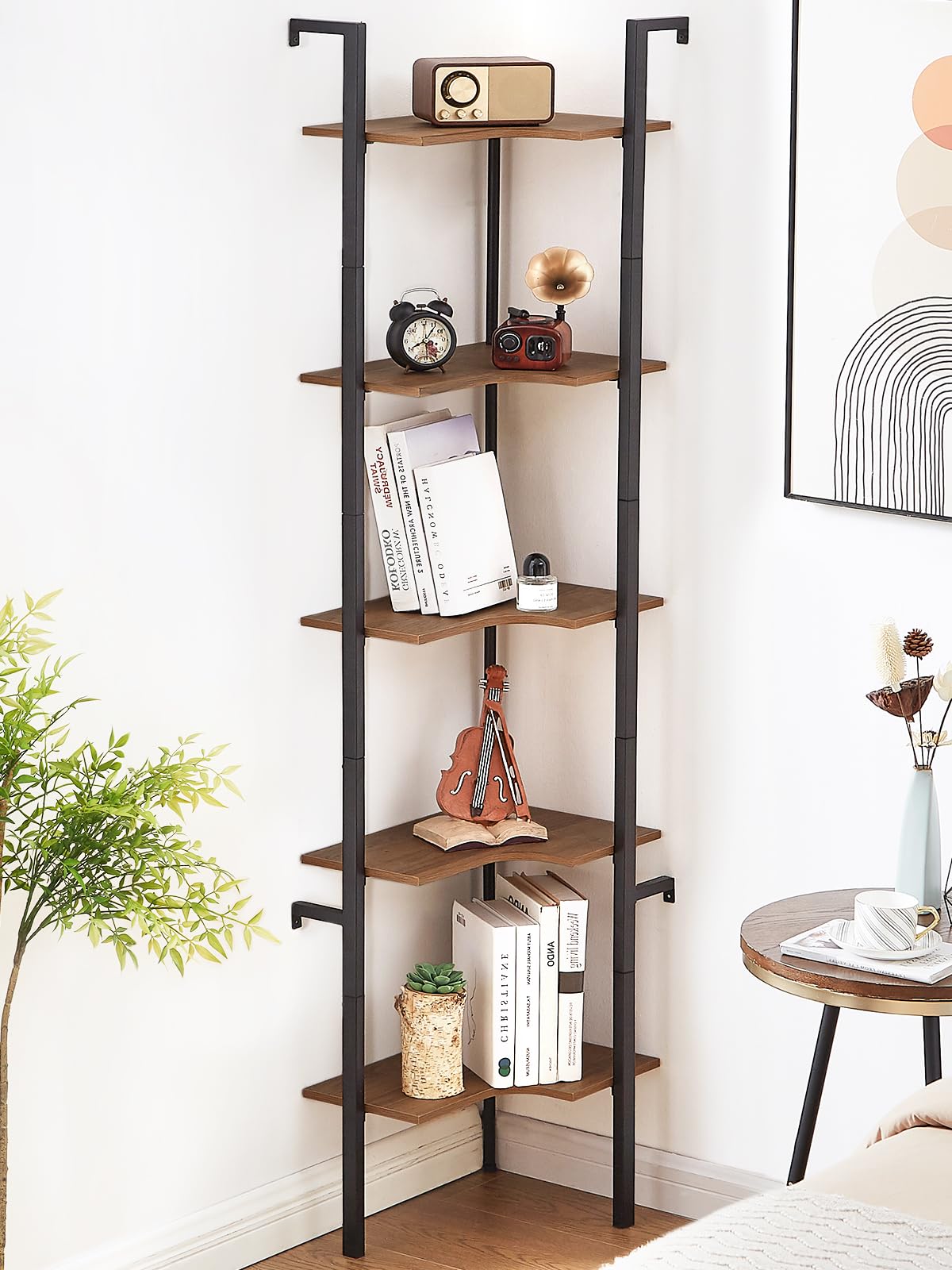 Freexployer Corner Shelf Stand, 5 Tier Industrial Corner Bookshelf, Tall Corner Plant Shelf with Metal Frame, Multipurpose Display Corner Shelves for Small Space, Office, Bedroom, Brown