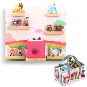 ouknak floating shelf for toniebox, wall mount magnetic wooden shelf with carrying case compatible with tonie audio player figures character for children baby's room (rainbow)