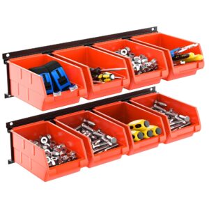 torack wall-mounted storage bins - 8 plastic bins & 2 metal tracks for tools organization in garage, craft room, and shop(orange)