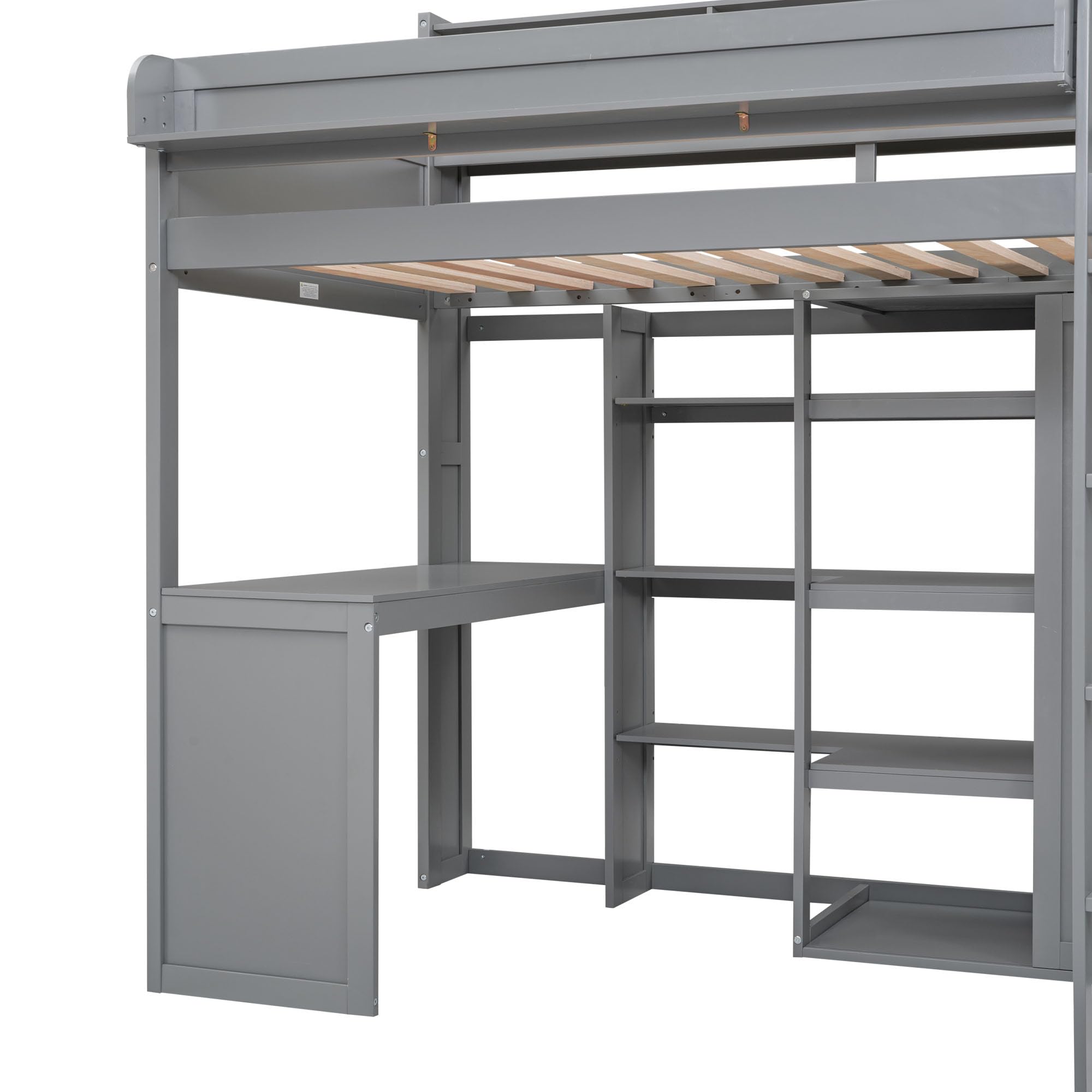 Twin Loft Bed with Storage Shelves and Under-Bed Desk, Wooden Bed Frames with Wardrobe and 3 Cabinets, Gray