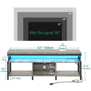 YITAHOME LED Television Stands w/Power Outlets for 70/65 inch, Modern Industrial TV Stand, Entertainment Center w/Open Storage TV Table, Entertainment Center for 360lbs for Living Room, Gray