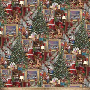 santa & the christmas tree digital print cotton fabric by the yard