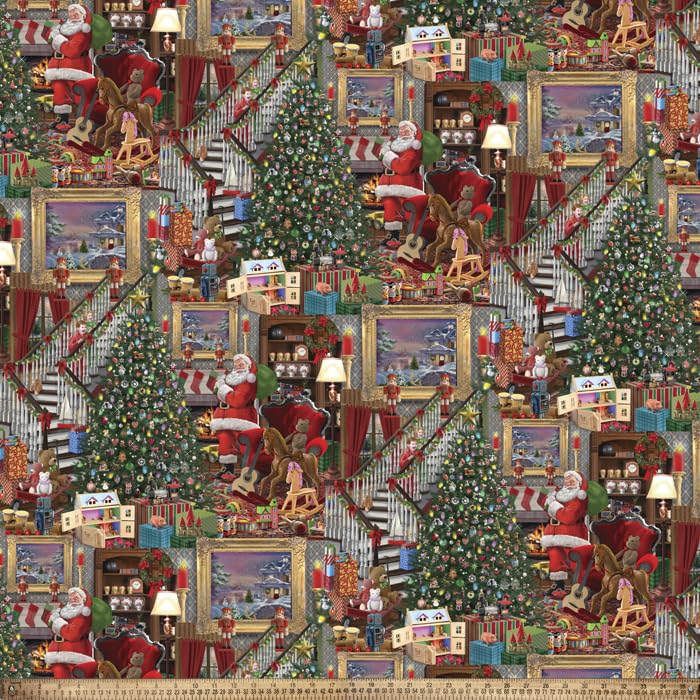 Santa & The Christmas Tree Digital Print Cotton Fabric by The Yard