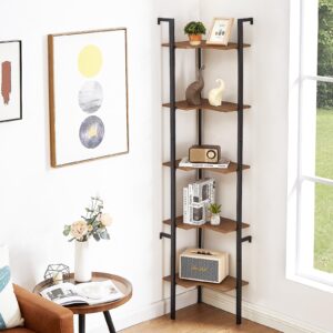 Freexployer Corner Shelf Stand, 5 Tier Industrial Corner Bookshelf, Tall Corner Plant Shelf with Metal Frame, Multipurpose Display Corner Shelves for Small Space, Office, Bedroom, Brown