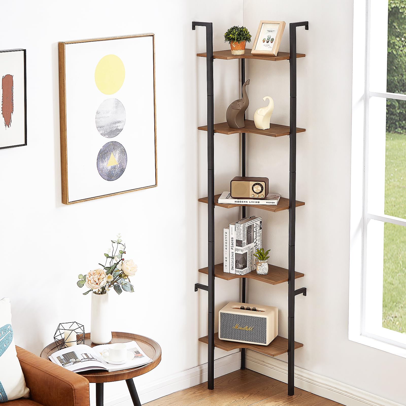 Freexployer Corner Shelf Stand, 5 Tier Industrial Corner Bookshelf, Tall Corner Plant Shelf with Metal Frame, Multipurpose Display Corner Shelves for Small Space, Office, Bedroom, Brown