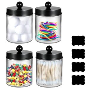 4pcs cotton ball holders with lid, 9oz clear qtip holder dispenser plastic apothecary jar containers for vanity makeup organizer storage bathroom accessories set for cotton swab, ball, pads (black)