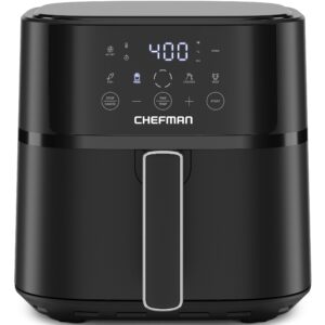 chefman air fryer – 6 qt compact airfryer for quick & easy meals in minutes, features hi-fry technology for extra crisp, touchscreen controls with 4 presets, nonstick & dishwasher safe basket - black