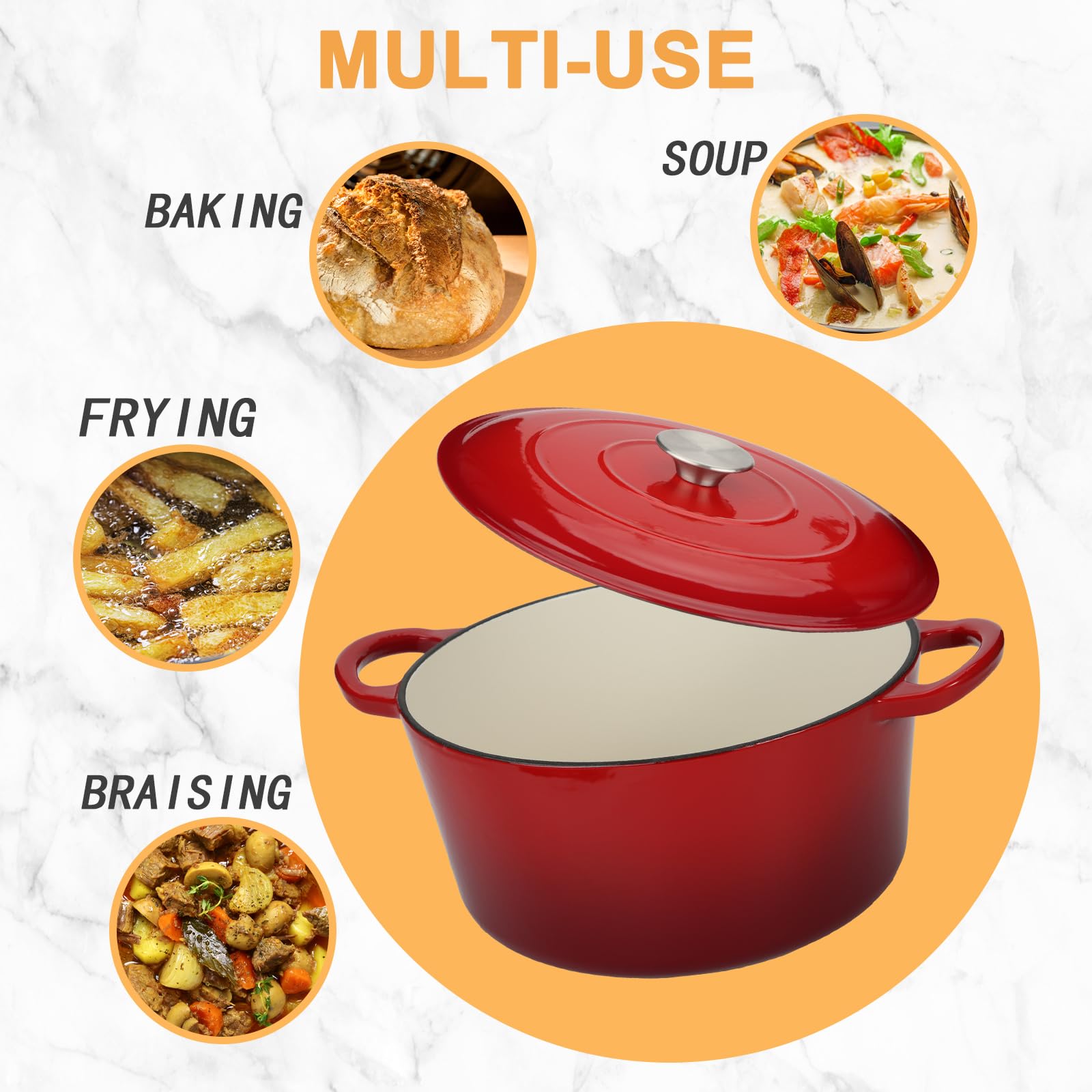 GreatChef Enameled Cast Iron Dutch Oven Casserole with Lid, 5.5 Quart, Oven Safe up to 500°F - Heavy-Duty, Versatile Cookware for Marinating, Cooking, Baking, Refrigerating, and Serving