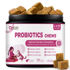 probiotics for dogs - dog probiotics and digestive enzymes for digestive health - plus fish oil & vitamins supplement for allergies & immune & itchy skin, 120 chicken flavor probiotic soft chews