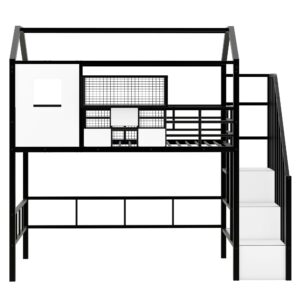 Harper & Bright Designs House Loft Bed with Stairs, Metal Twin Loft Bed Frame with Roof and a Storage Box, Modern Style Heavy-Duty Steel Frame Loft Bed with Safety Rail, for Kids Teens (Twin, Black)