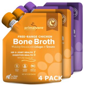 primalvore free-range bone broth for dogs &cats, mobility formula w/collagen peptides to help support hip & joints, digestion, skin & coat and hydration, human grade, mix 4 pack chicken and duck