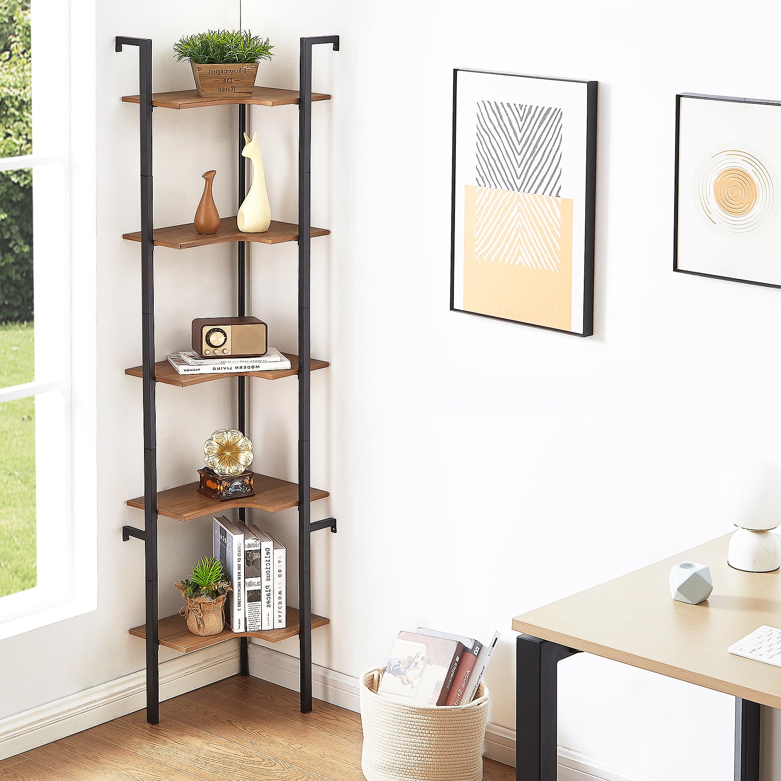 Freexployer Corner Shelf Stand, 5 Tier Industrial Corner Bookshelf, Tall Corner Plant Shelf with Metal Frame, Multipurpose Display Corner Shelves for Small Space, Office, Bedroom, Brown