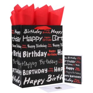 13" large black gift bags set with greeting card and tissue papers (white & red happy birthday) for men's or women's, boys, girls or kids party, baby