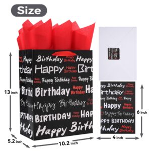 13" Large Black Gift Bags Set with Greeting Card and Tissue Papers (White & Red Happy Birthday) for Men's or Women's, Boys, Girls or Kids Party, Baby