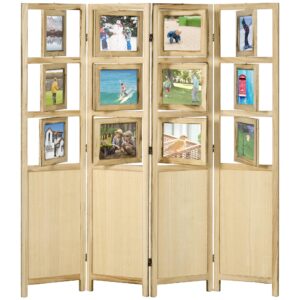 homcom 4 panel room divider, 5.6' indoor wood portable folding privacy screens with photo frames and cardstocks, hinged freestanding partition wall dividers for home office, natural