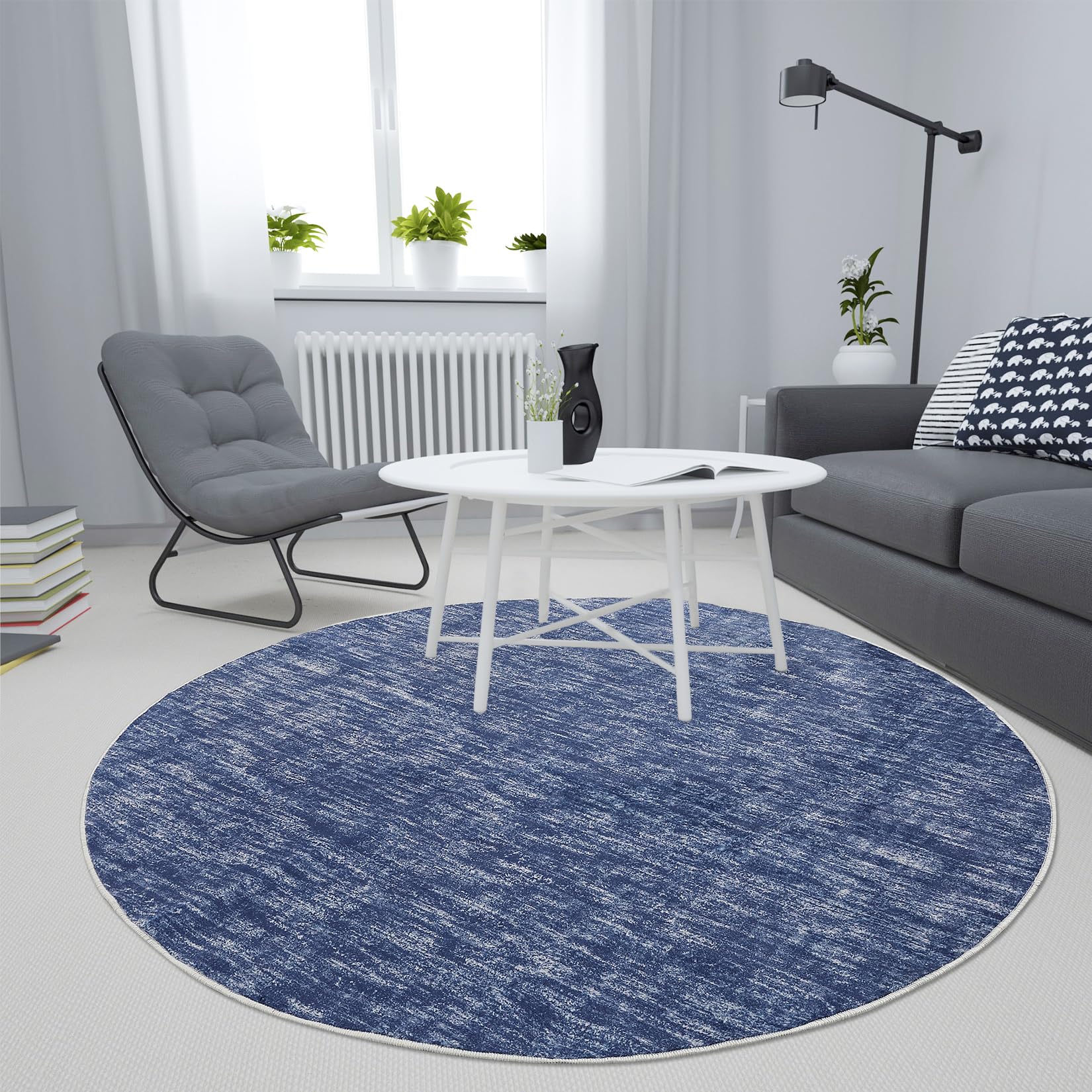 Zacoo Washable Rug for Living Room 4x4 Round Rug Solid Blue Rug Modern Carpet Non Skid Rug Distressed Area Rug for Bedroom Nursery Dorm Home Office, Blue