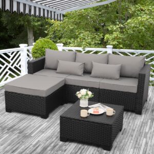 rattaner 3 pieces patio furniture set outdoor sectional wicker patio furniture patio couch with ottoman and outdoor storage table all-weather anti-slip cushions waterproof covers, light grey