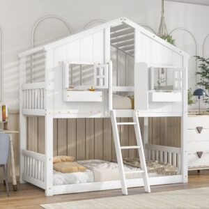 deyobed twin over twin house bed, twin bunk beds frame with roof and window door, window box, ladder, wooden playhouse bunk bed for kids girls boys teens, white