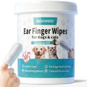 meduwedu ear cleaner finger wipes 60 counts, dog ear cleaner, grooming kit care for dogs and cats, soft & easy otic cleaning pads, remove wax, dirt & stop smelly, itchy, non-irritating, coconut scent