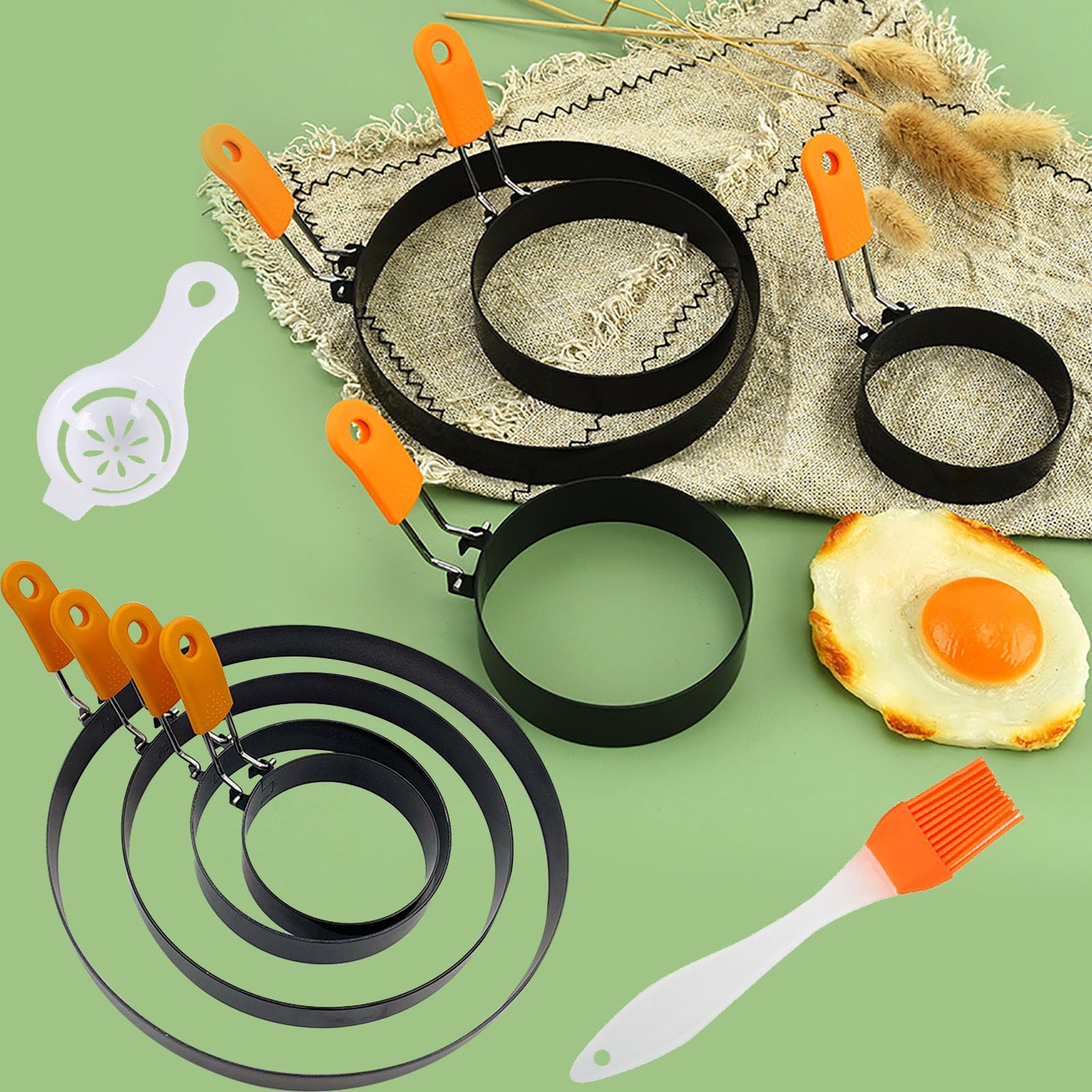 8 Pcs Egg Pancake Rings Set for Griddle, 8" Omelette Ring, 6" Pancake Molds, 4" Fried Egg Rings, 3" Egg Ring for Frying Egg, Non-stick Stainless Steel Egg Pancake Mold with Silicone Handle