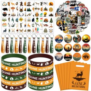 110pcs hunting birthday party decorations favors includes 50 hunting stickers,12 keychain, 12 badge, 12 wristband, 12bags, 12 sheet tattoos for for boys girls gifts deer baby shower birthday party