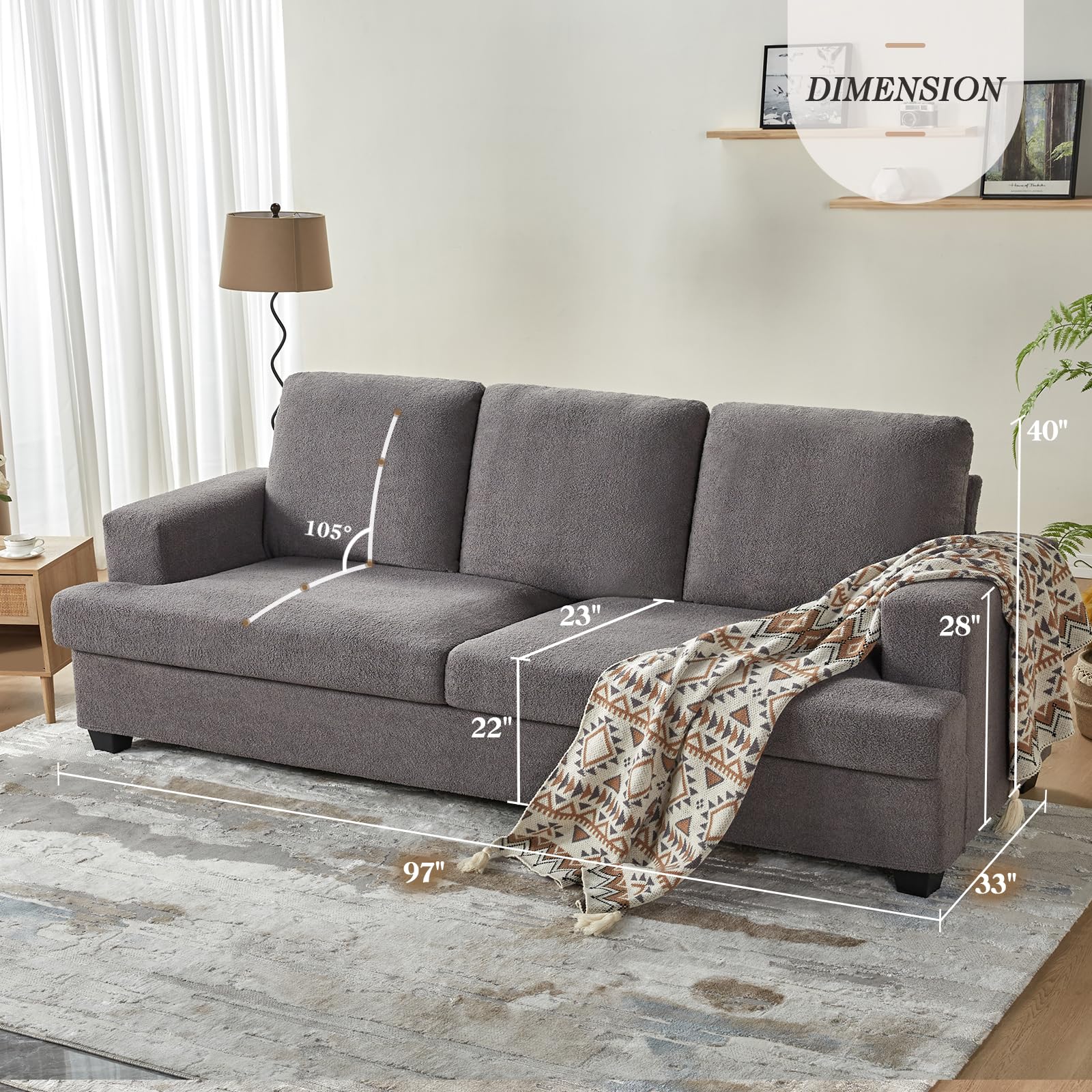 AMERLIFE 97 Inch Deep Seat Sofa-Contemporary Bouclé Sofa Couch, 3 Seater for Living Room-Oversized Comfy Sofa, Grey