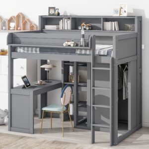 twin loft bed with storage shelves and under-bed desk, wooden bed frames with wardrobe and 3 cabinets, gray