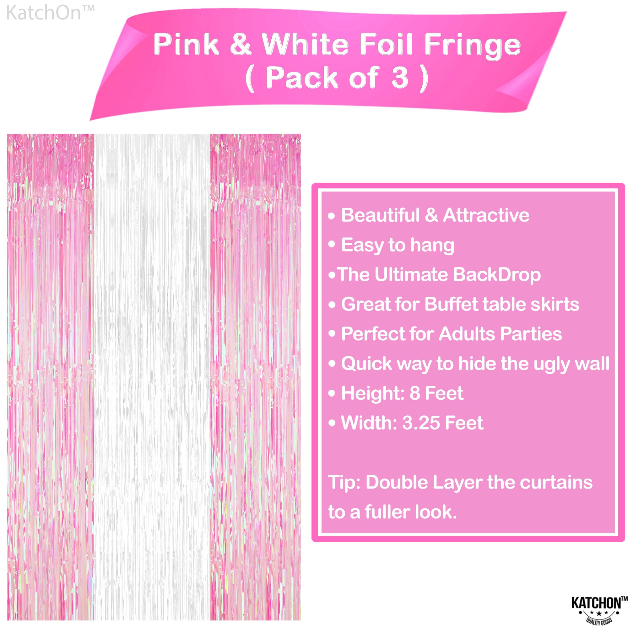 KatchOn, Xtralarge White and Pink Backdrop - 3.2x8 Feet, Pack of 3 | Pink and White Streamers for White Pink Birthday Decorations | Bridal Shower Decorations | Galentines Day Decorations for Party