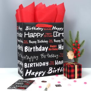 13" Large Black Gift Bags Set with Greeting Card and Tissue Papers (White & Red Happy Birthday) for Men's or Women's, Boys, Girls or Kids Party, Baby