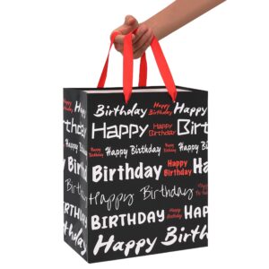 13" Large Black Gift Bags Set with Greeting Card and Tissue Papers (White & Red Happy Birthday) for Men's or Women's, Boys, Girls or Kids Party, Baby