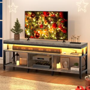 yitahome led television stands w/power outlets for 70/65 inch, modern industrial tv stand, entertainment center w/open storage tv table, entertainment center for 360lbs for living room, gray