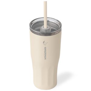 vimoztom insulated tumbler with lid and straw, 20 oz double wall 18/8 stainless steel travel coffee mug, to go iced coffee cup, spill proof, dishwasher safe (beige)