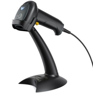 esky barcode scanner with stand, 1d 2d qr code usb wired barcodes scanner for computer support windows/mac/linux, handheld bar code reader for warehouse library supermarket store