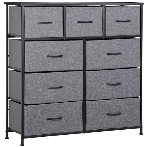 SUPER DEAL Dresser for Bedroom 9 Drawer Fabric Storage Tower Tall Chest Organizer Unit for Living Room Nursery Entryway Closets, Heavy Duty Steel Frame, Wood Top Black Grey