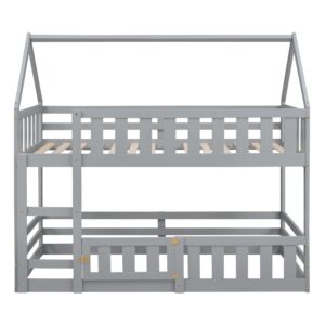 BestLM Twin Over Twin House Bunk Bed with Ladder and Roof, Wood Low Bunk Bed Twin Over Twin with Fence and Lockable Door for Kids, Teens, Boys, Girls, No Box Spring Needed, Gray