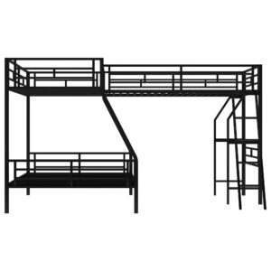 SOFTSEA L-Shaped Twin Over Full Bunk Bed with Built-in Desk, Heavy-Duty Metal Bunk Bed Frame for 3 Persons, Space-Saving Design, No Box Spring Needed, Safety Guardrails, Noise-Free, Black