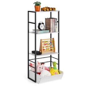 ling rui 4-tier tall bookcase,narrow bookshelf for small space,wood and metal book shelf storage organizer for home office,living room,entryway,industrial