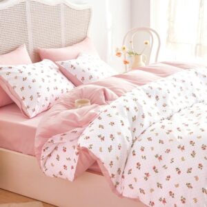 wake in cloud - floral duvet cover set, coquette cottagecore aesthetic cute rose flower pattern for women teen girls, soft lightweight bedding, 3-piece, pink, queen size