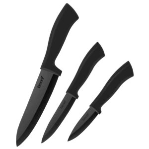 hecef ceramic knife set 3-piece, include 6'' chef's knife, 4'' utility knife and 3'' paring knife, black ceramic knives for kitchen - sharp knife never rust blade