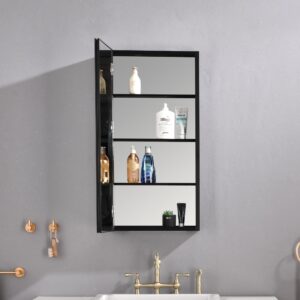 thnikre black medicine cabinet, 18x36 inch single-door bathroom cabinet with mirror, wall mounted cabinet medicine full-overlay mirrored with beveled edges, recessed or surface mount aluminium 38lbs