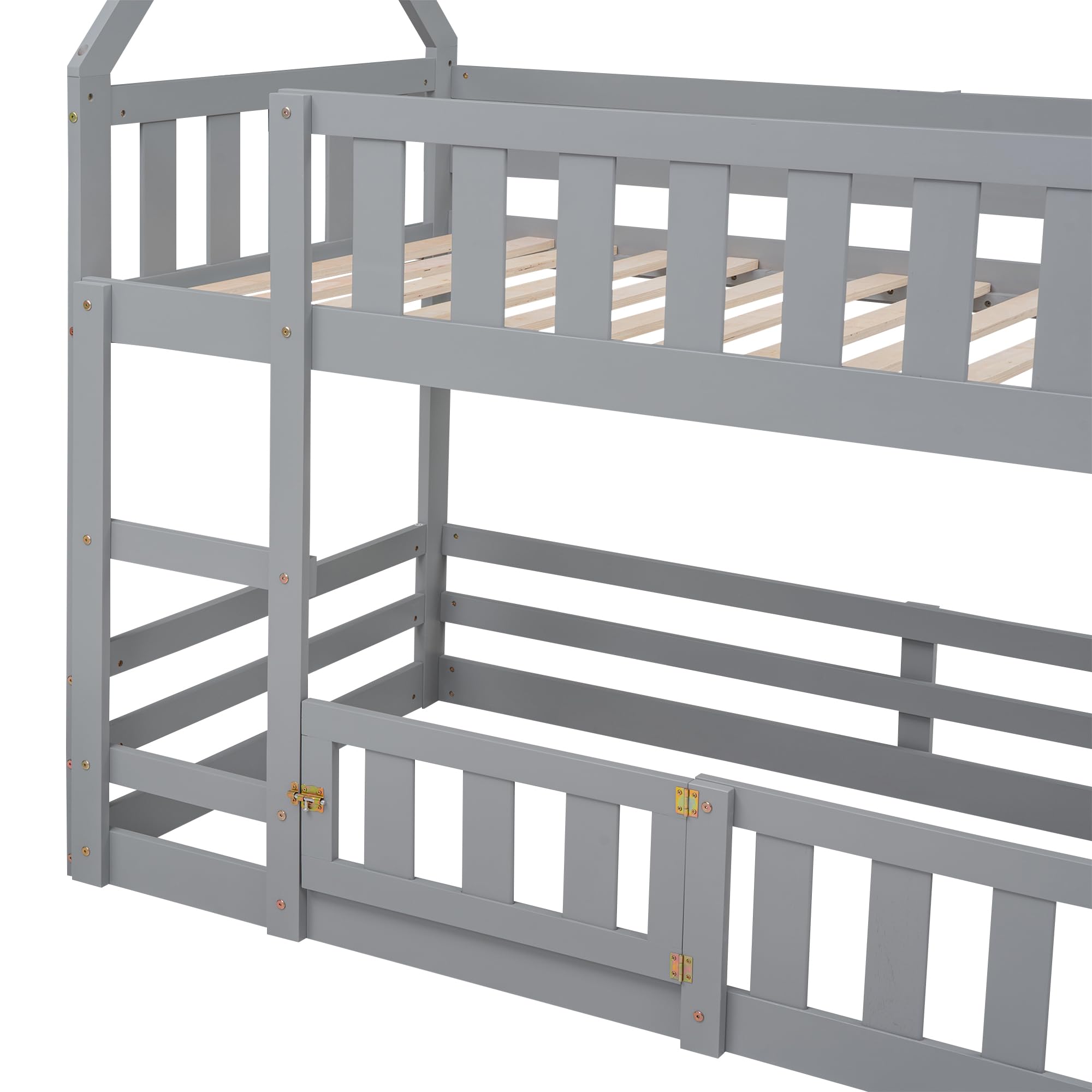 BestLM Twin Over Twin House Bunk Bed with Ladder and Roof, Wood Low Bunk Bed Twin Over Twin with Fence and Lockable Door for Kids, Teens, Boys, Girls, No Box Spring Needed, Gray