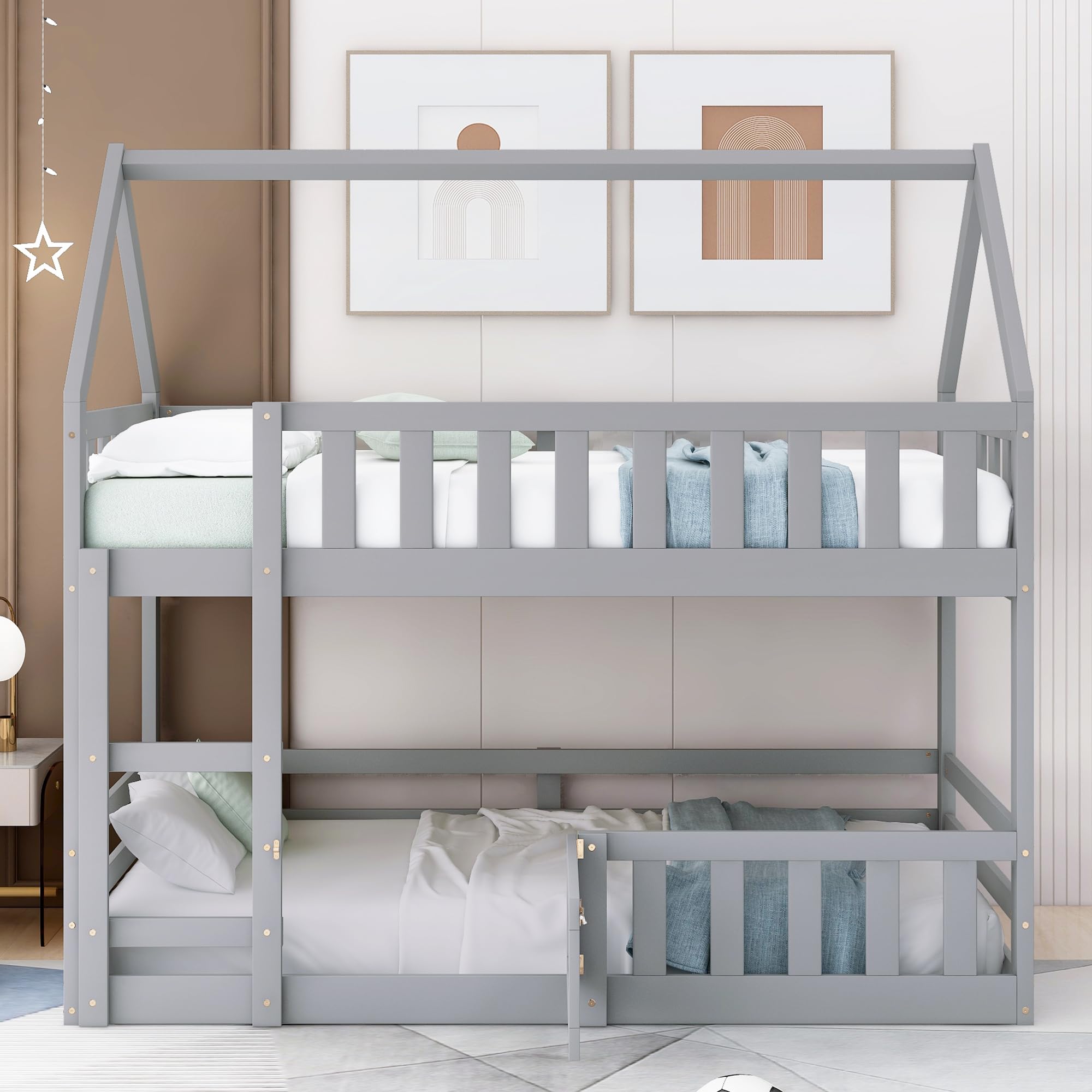 BestLM Twin Over Twin House Bunk Bed with Ladder and Roof, Wood Low Bunk Bed Twin Over Twin with Fence and Lockable Door for Kids, Teens, Boys, Girls, No Box Spring Needed, Gray