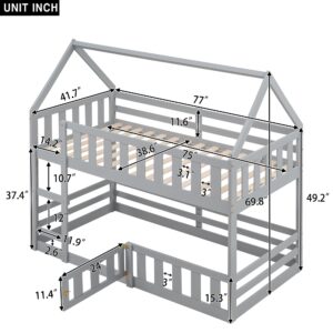 BestLM Twin Over Twin House Bunk Bed with Ladder and Roof, Wood Low Bunk Bed Twin Over Twin with Fence and Lockable Door for Kids, Teens, Boys, Girls, No Box Spring Needed, Gray