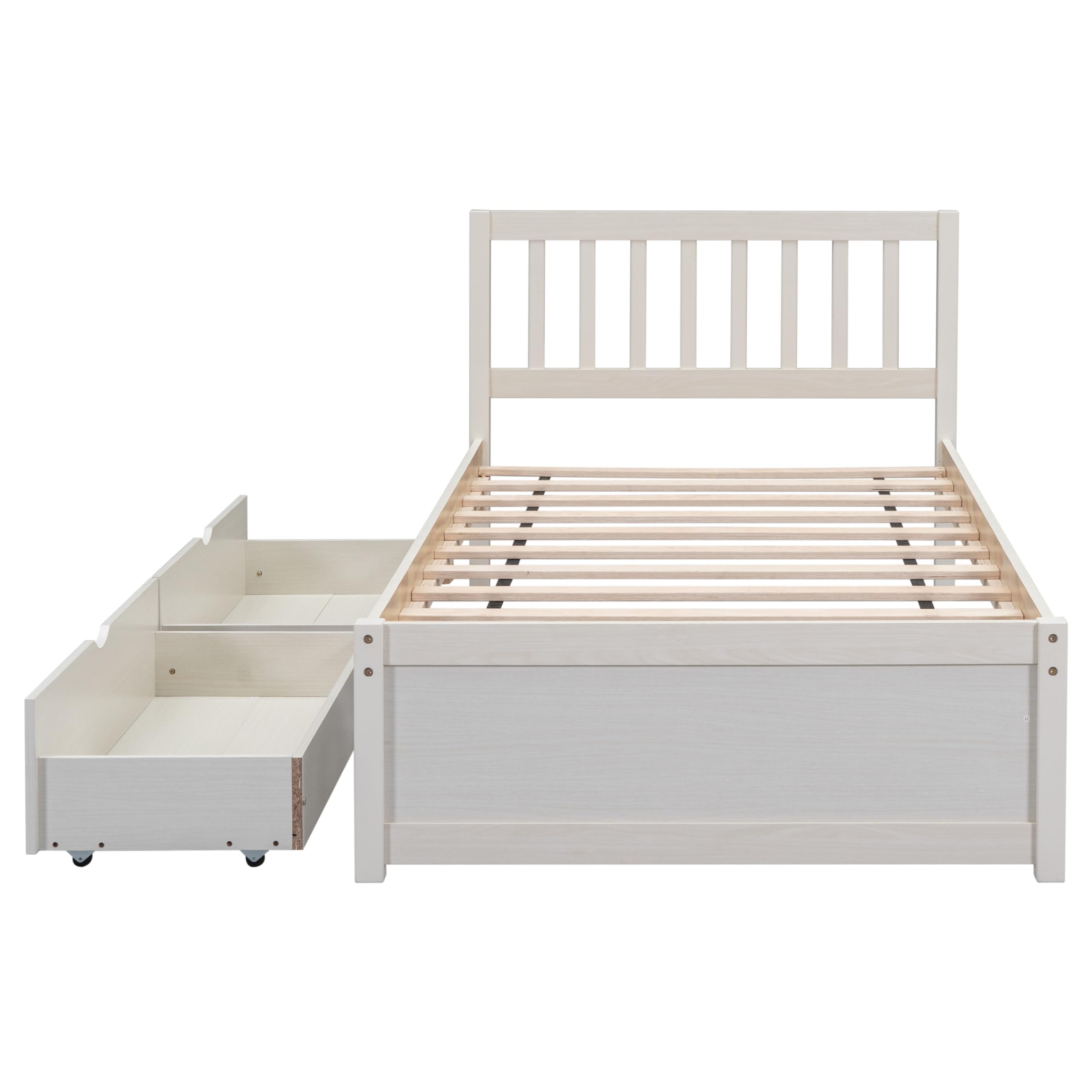 Harper & Bright Designs Twin Bed Frame with Storage Drawers,Wood Twin Beds with Drawers Underneath, Kids Twin Platform Bed with Headboard, No Box Spring Needed,White Washed