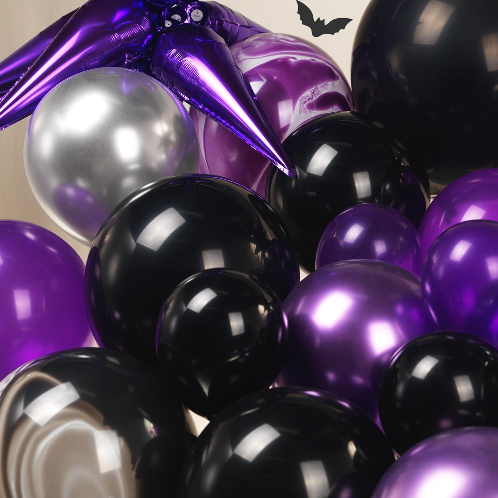 yeewaka purple black and silver balloon garland arch kit 150pcs with starburst balloons for Wednesday theme party for Halloween Vampirina Nightmare Ghost Eyes Party decorations